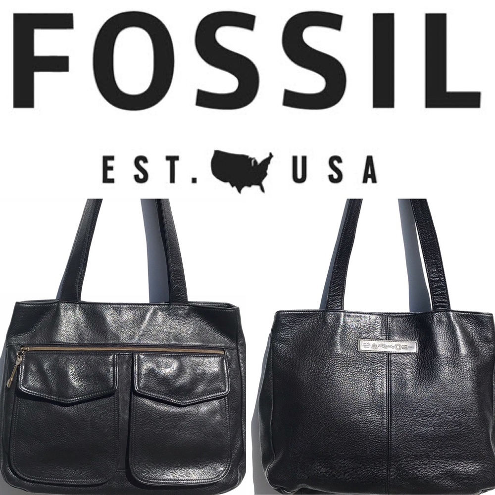 Fossil Leather Shoulder/Tote Bag Black Retro - Gem